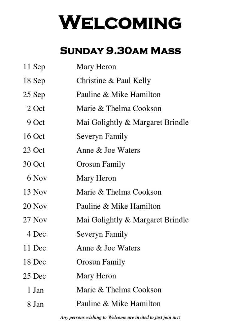 Welcomers Rota | PDF | Cooking, Food & Wine