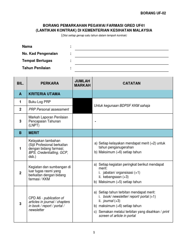 Uf 02pemarkahan Borang Pemarkahan Pf Uf41 271117 | PDF