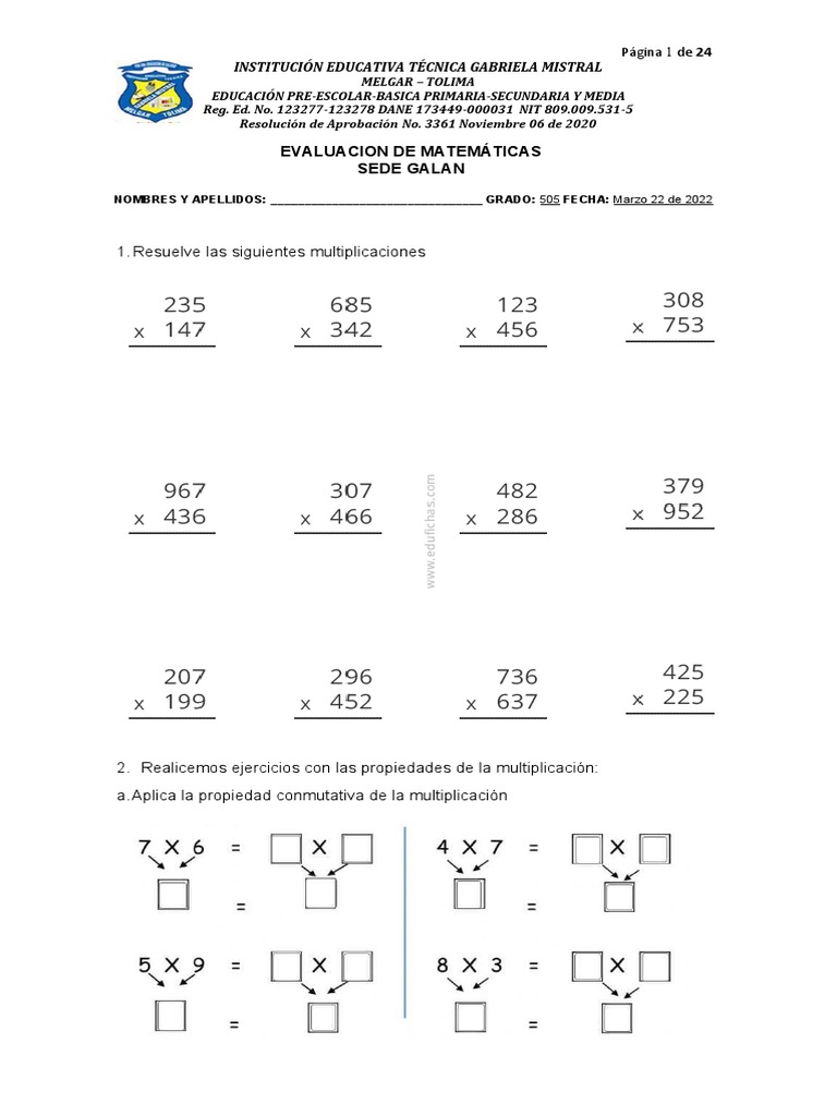 Evaluacion de Matematicas Grado Quinto 2022 | PDF