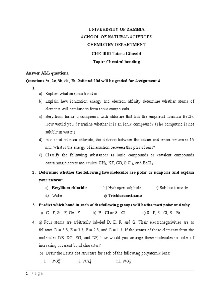 CHE1010 Chemical Bonding Tutorial Sheet 4 | PDF