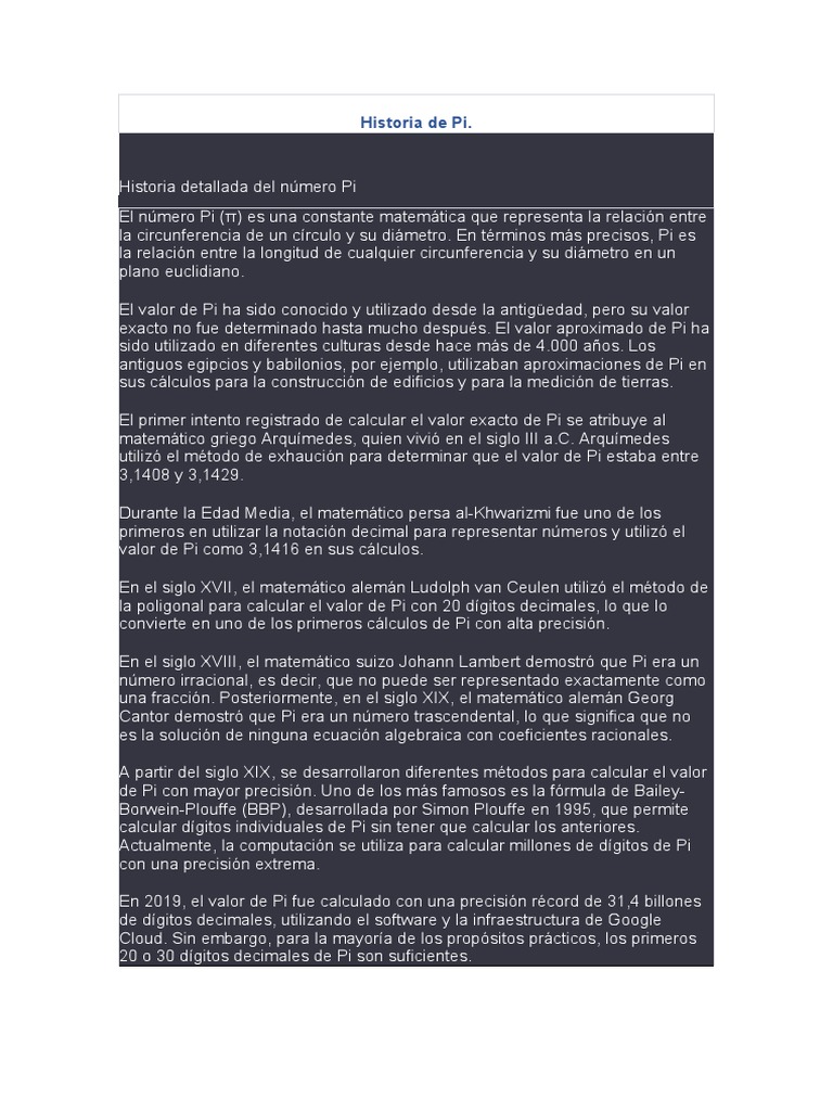 Historia y cálculo del número Pi | PDF | Arte | Historia
