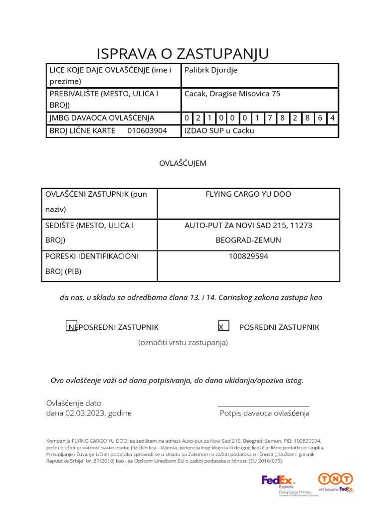 Isprava o Zastupanju Fizička Lica Sa Uputstvom | PDF