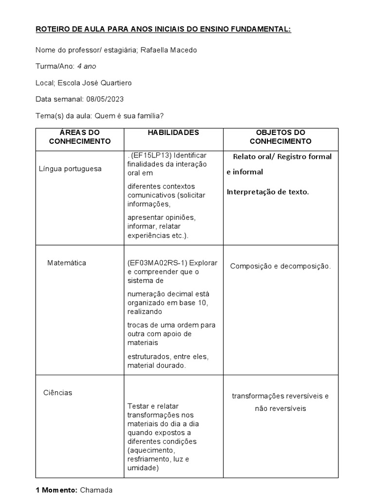 Roteiro de aula sobre família para o 4o ano do ensino fundamental | PDF | Família | Matemática