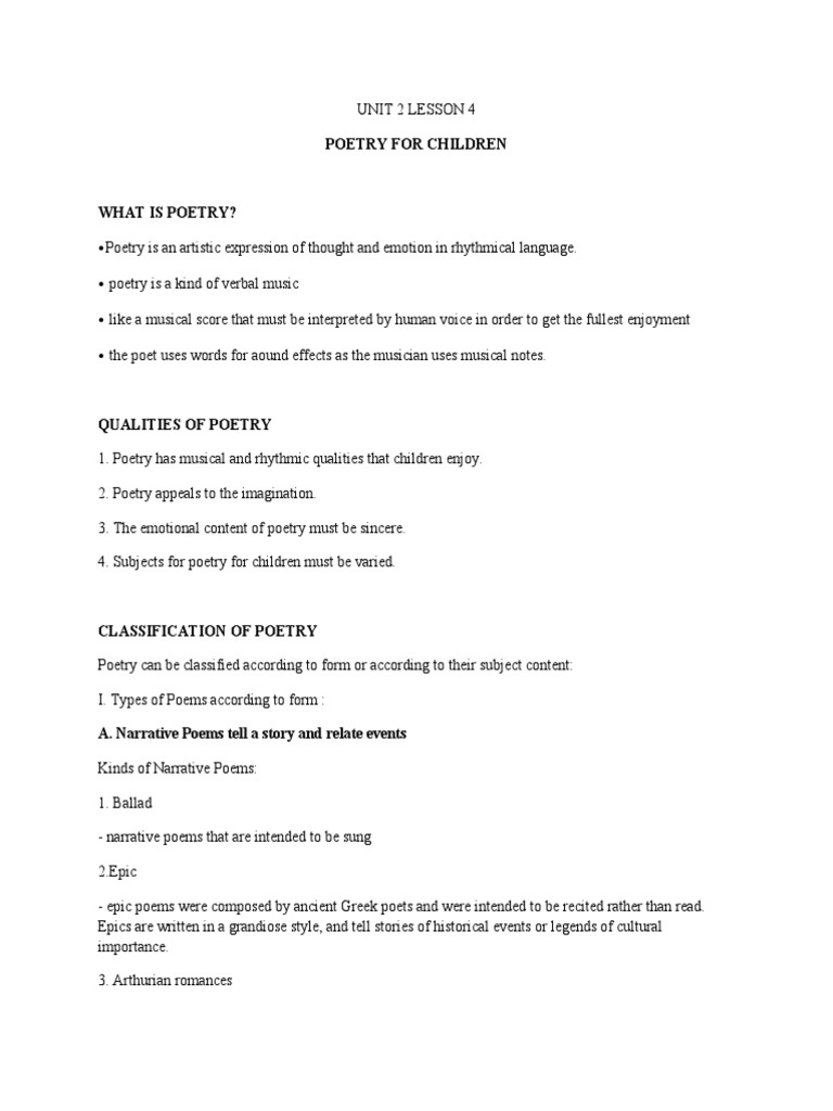 UNIT 2 LESSON 4 - POETRY - FOR - CHILDREN WPS Office | PDF | Poetry ...