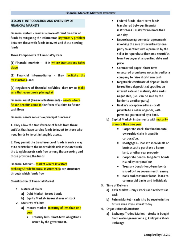 Financial Markets Midterm Reviewer | PDF | Bonds (Finance) | Mortgage Loan