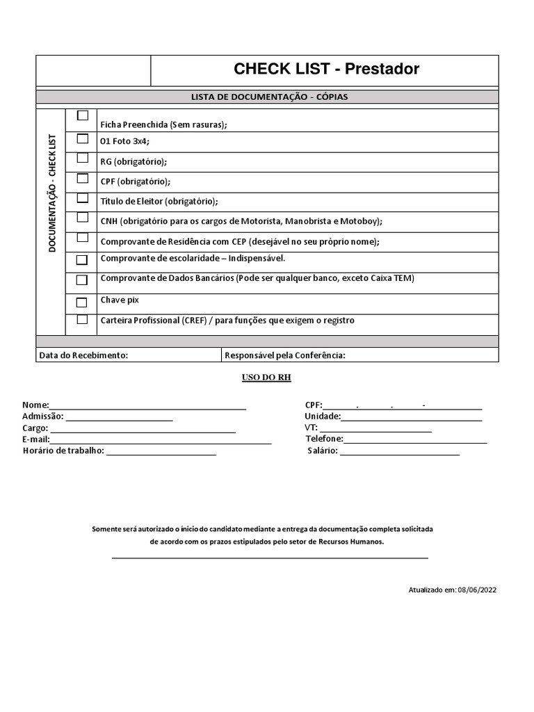 Check List - Prestador de Serviços | PDF