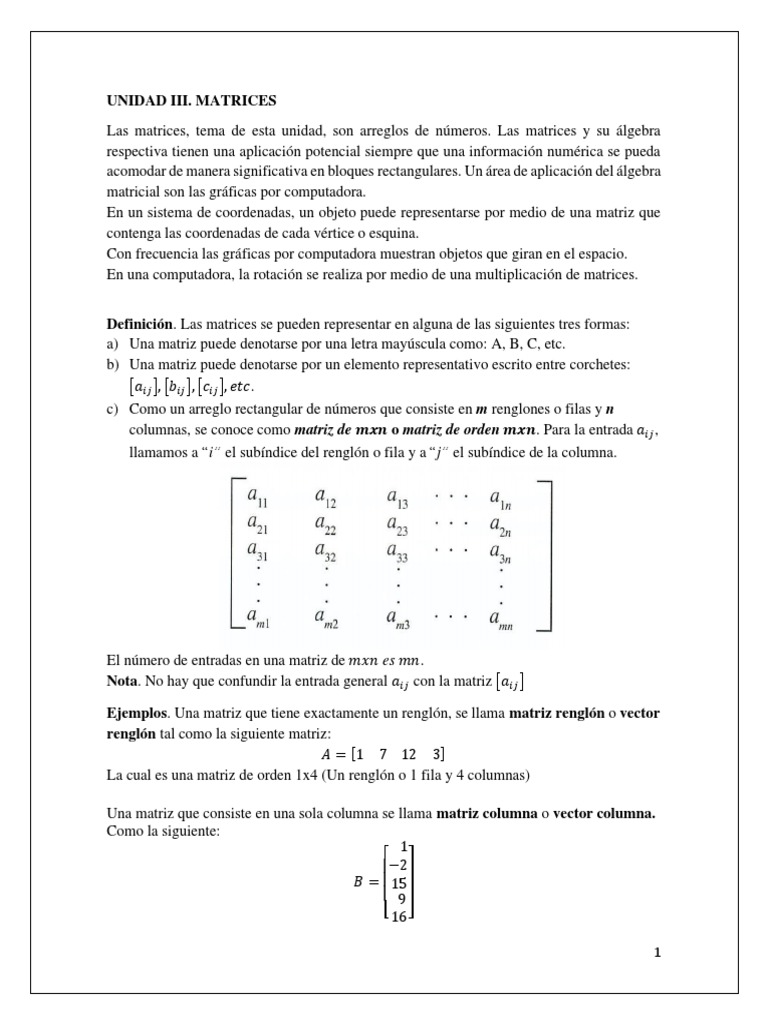 Unidad III Matrices (Primera Parte) Mat - III | PDF