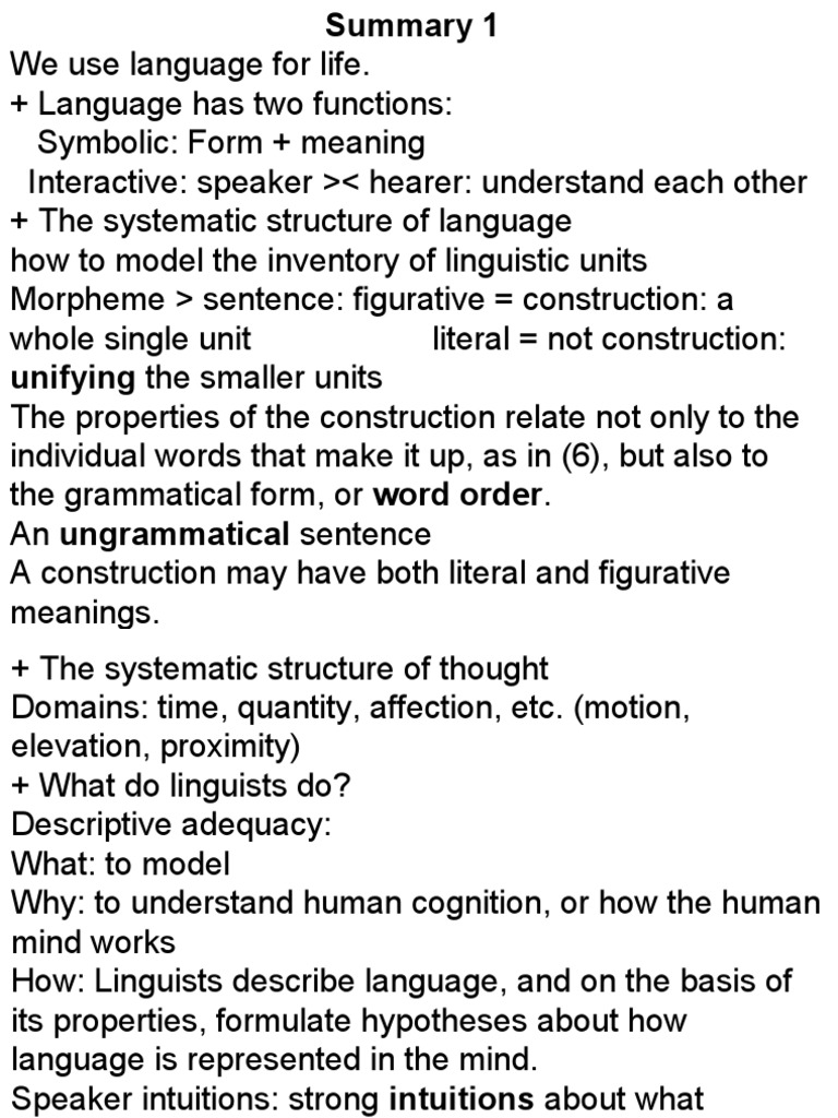 Summary On Cognitive Linguistics | PDF | Linguistics | Word