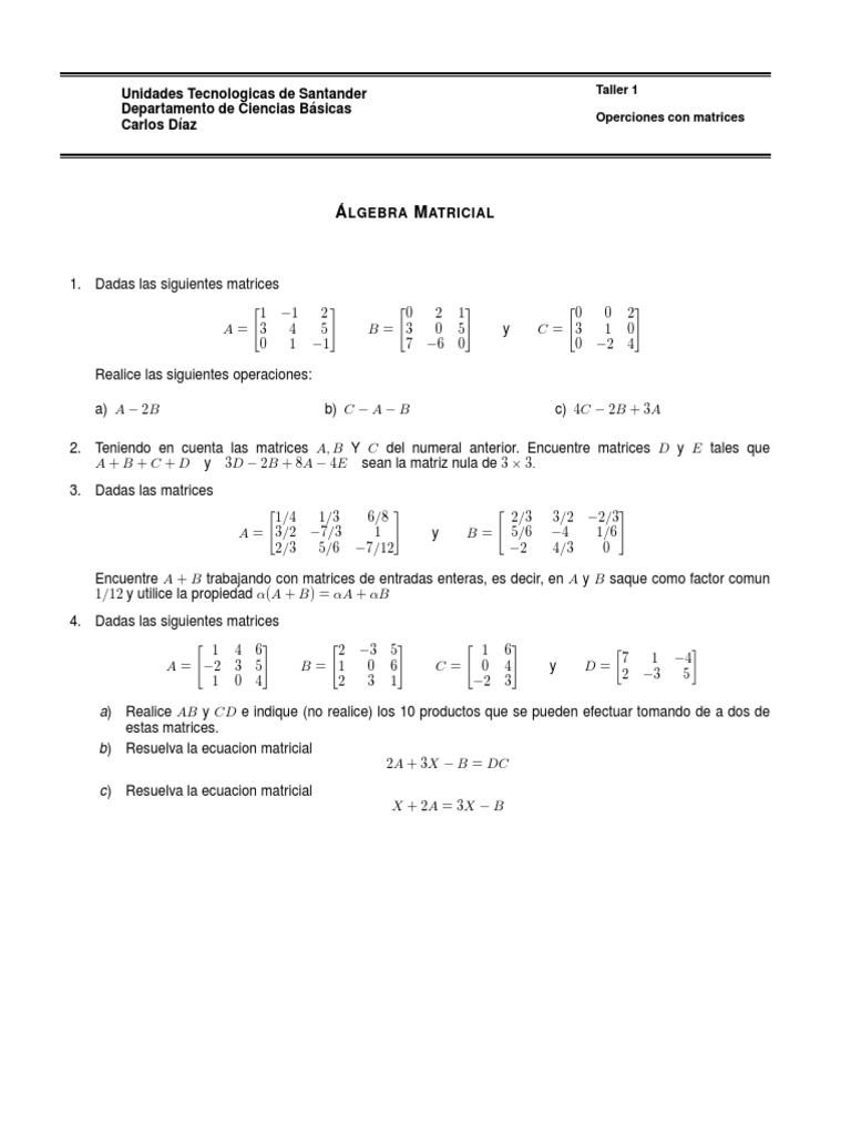 Taller de Matrices | PDF | Álgebra