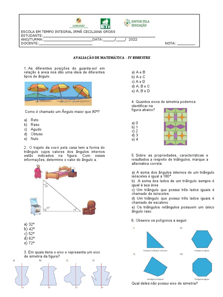 PROVA MATEMÁTICA 7º ANO IV BIMESTRE | PDF | Triângulo | Formas geométricas