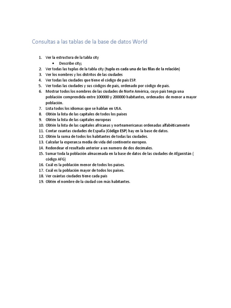 Consultas A Las Tablas de La Base de Datos World | PDF