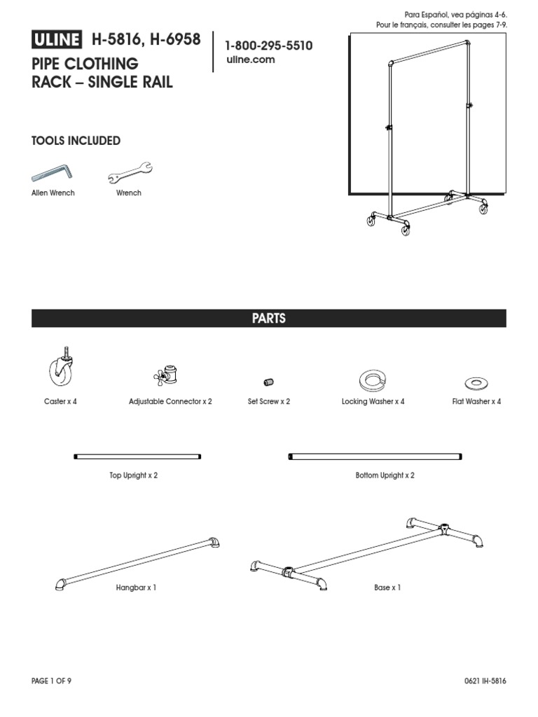 Pipe Clothing Rack - Single Rail H-5816, H-6958: Tools Included | PDF ...