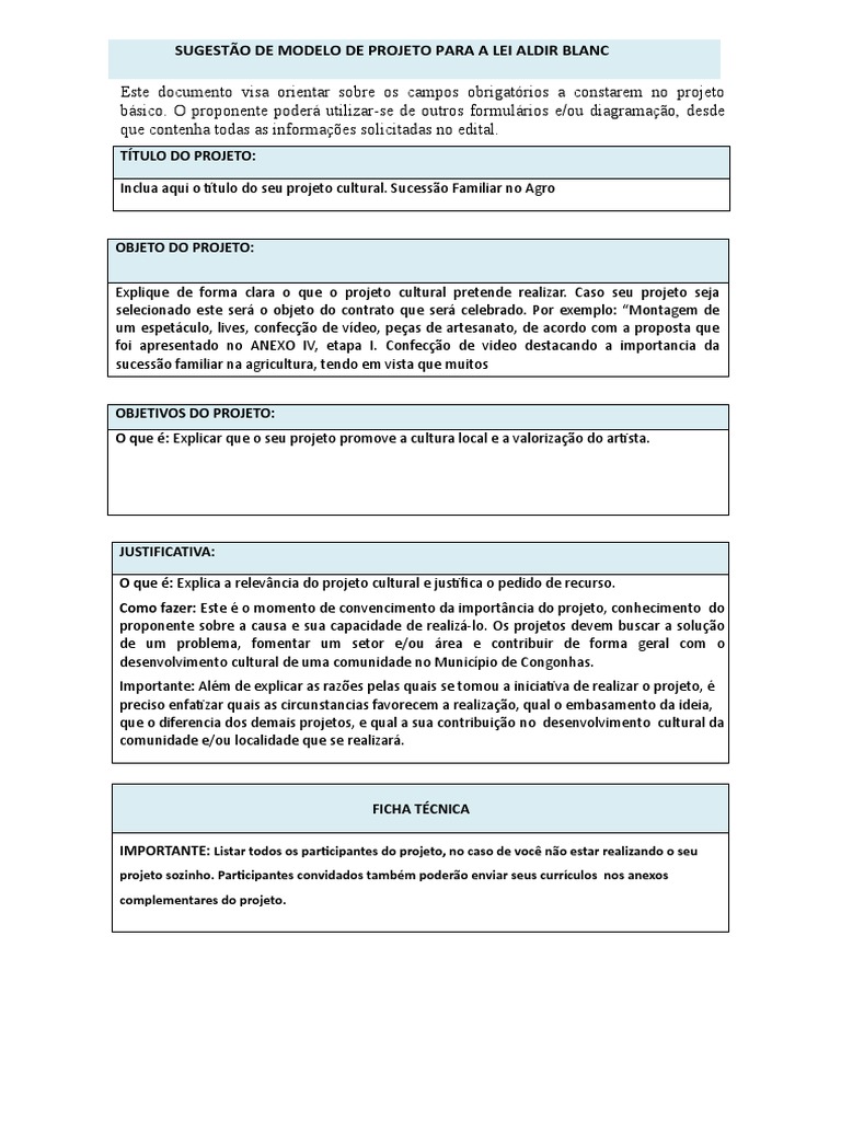 Modelo de Projeto Lei Aldir Blanc 1 1 | PDF | Tecnologia e Engenharia