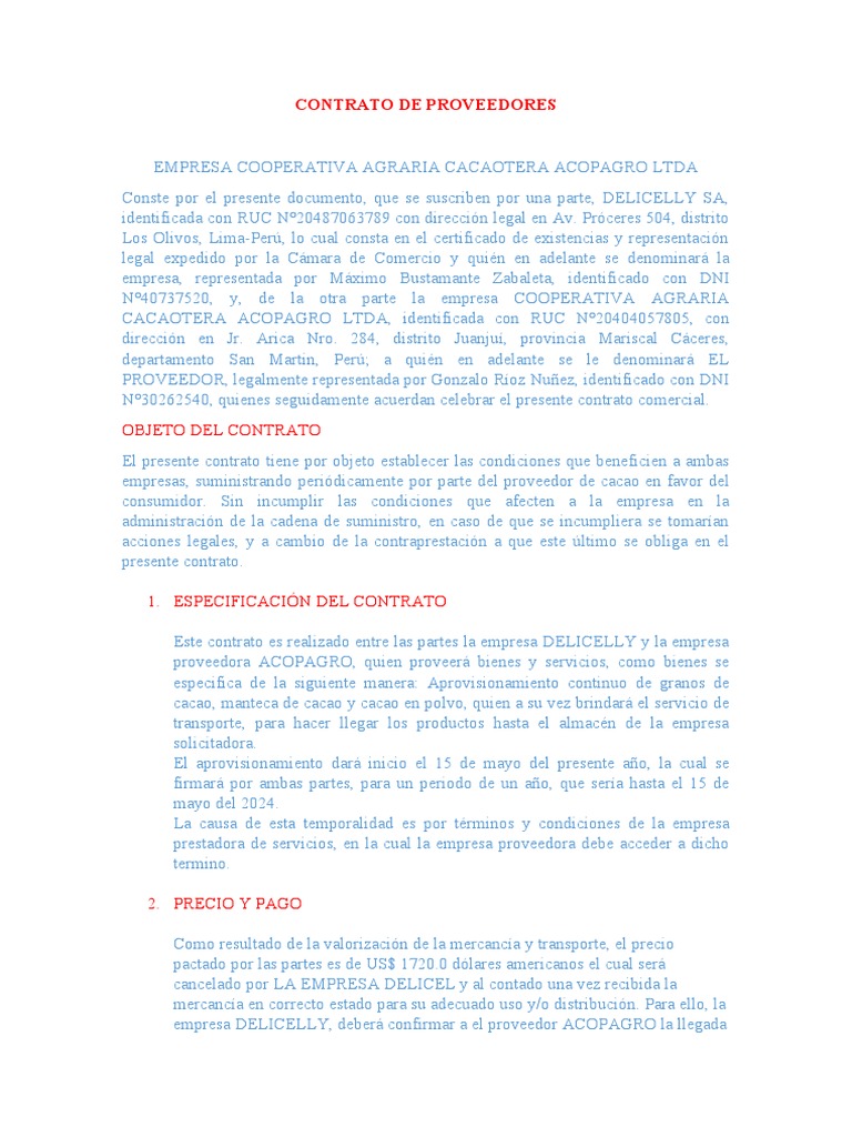 Contrato Proveedor Cacao ACOPAGRO | PDF