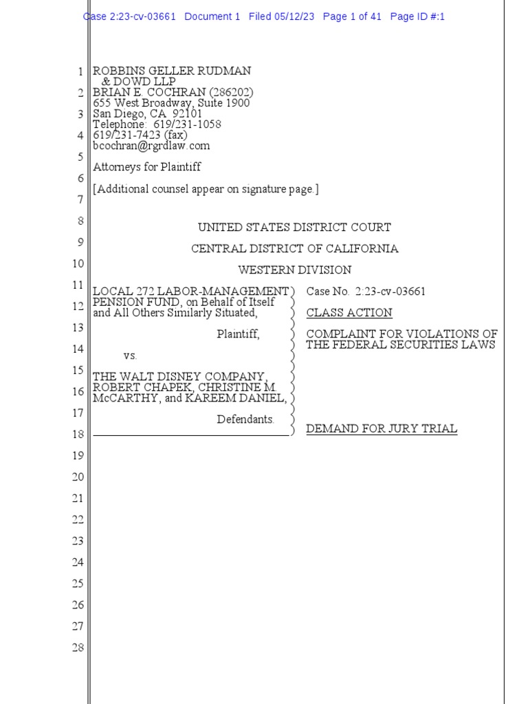 LOCAL 272 LABOR-MANAGEMENT PENSION FUND v. Walt Disney Co. | PDF | The ...