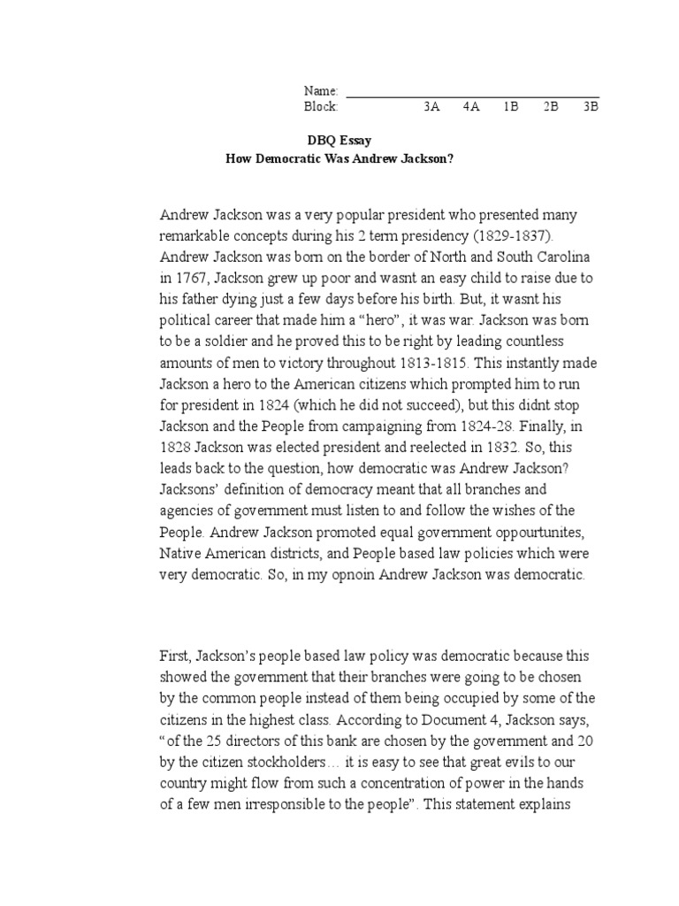 DBQ Essay - How Democratic Was Andrew Jackson | PDF