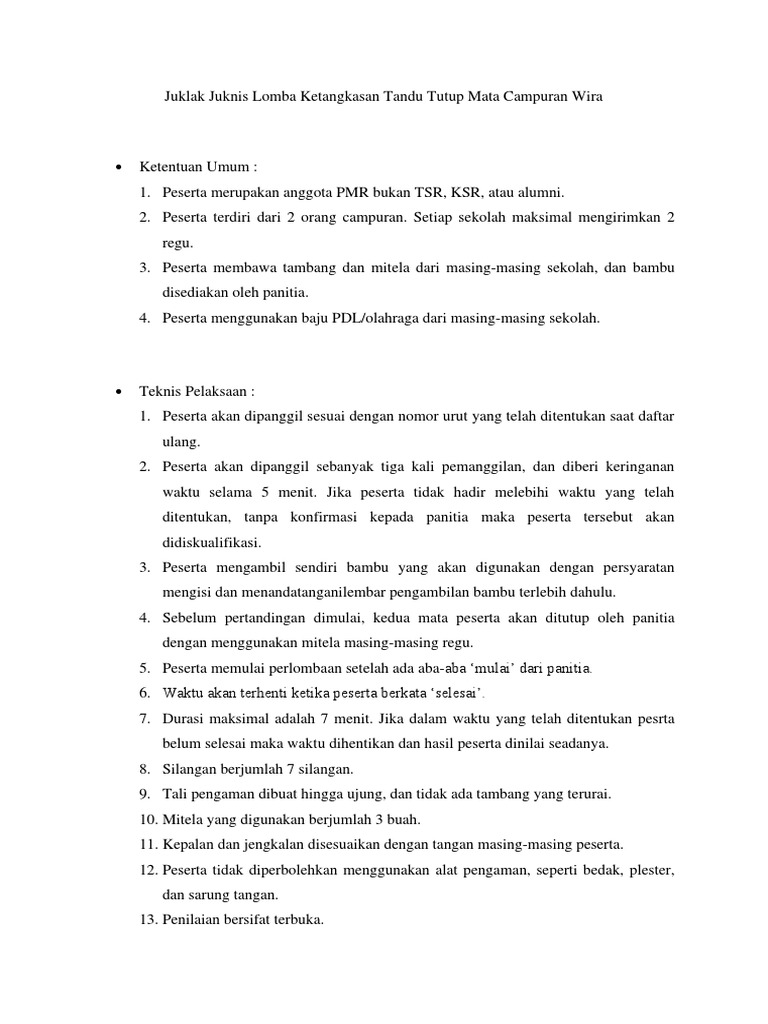 Juklak Juknis Lomba Ketangkasan Tandu Tutup Mata Campuran Wira | PDF