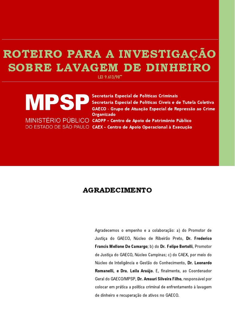Roteiro para Investigacao Sobre Lavagem de Dinheiro MPSP | PDF | Cheque (banco) | Lavagem de ...