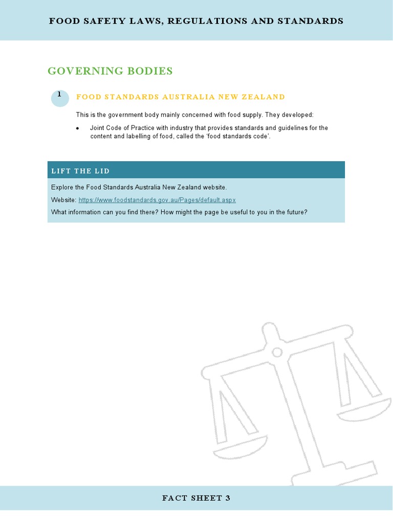 Fact Sheet 3 - Food Safety Laws, Regulations and Standards Assessor | PDF | Food Safety | Hazard ...