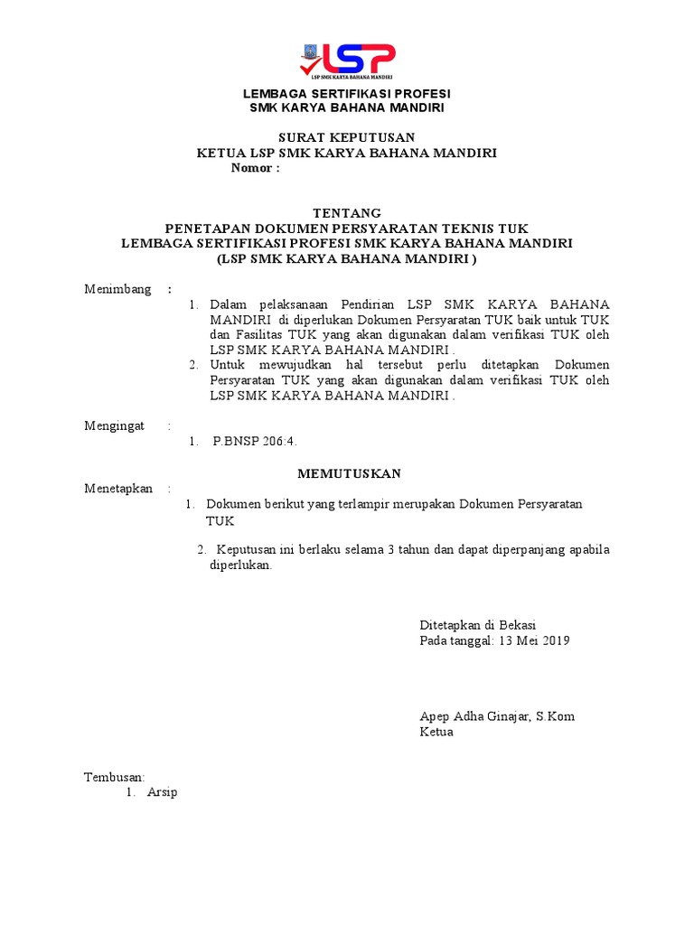 SK Penetapan Dokumen Persyaratan Teknis TUK | PDF