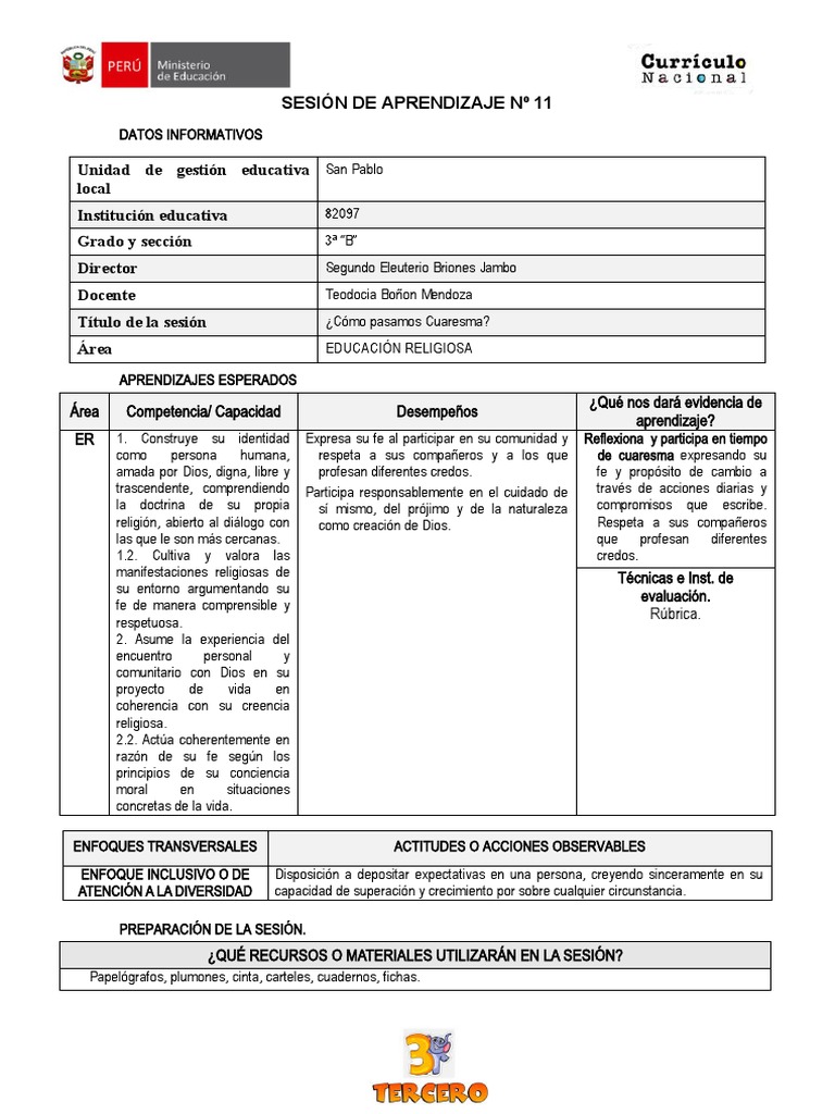 Sesion de Aprendizaje #11 - Er | PDF