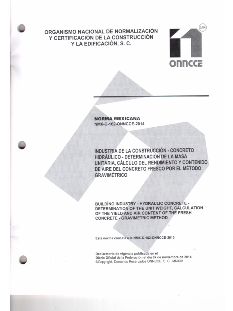 Nmx-C-162-Onncce-2014 Masa Unitaria, Rendimiento y Contenido Aire | PDF