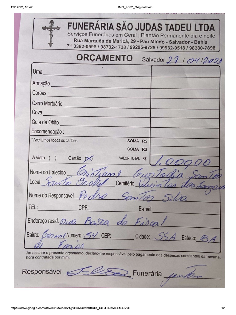 Recibo Contrato Orçamento Funeraria | PDF
