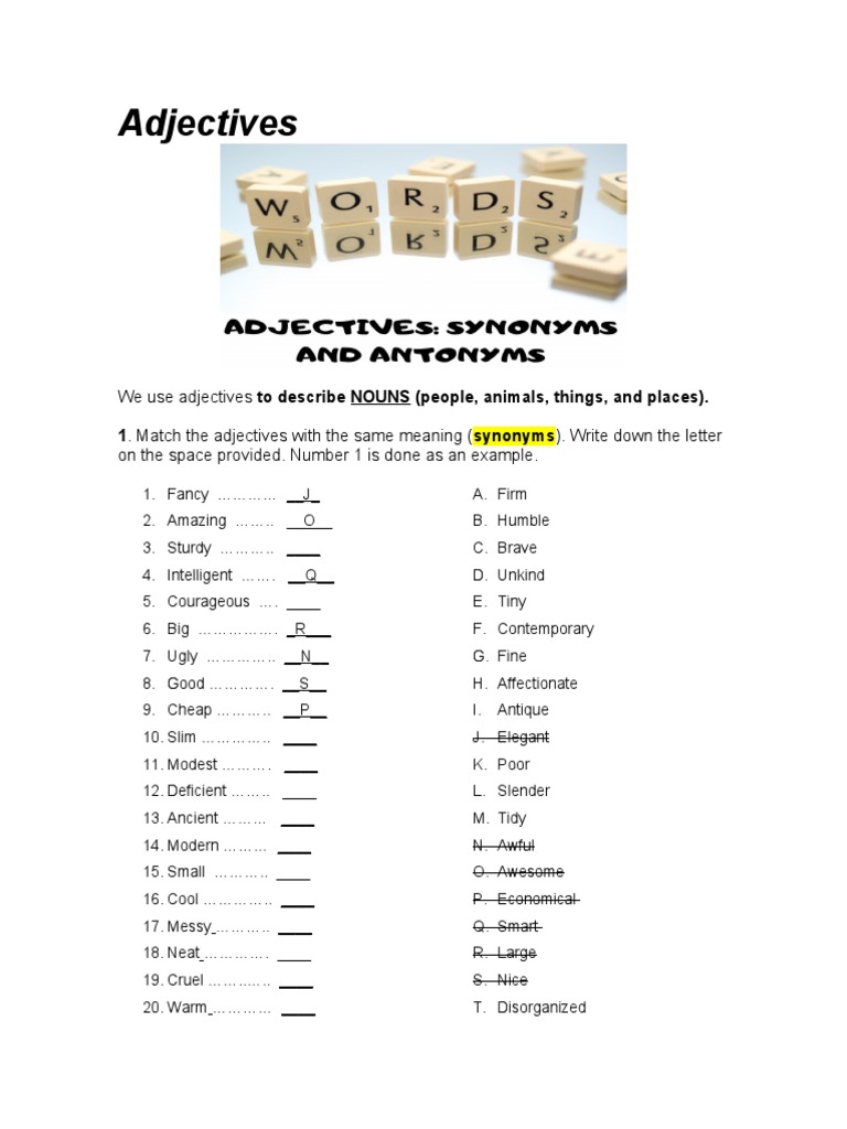 Adjectives Synonyms & Antonyms Match | PDF