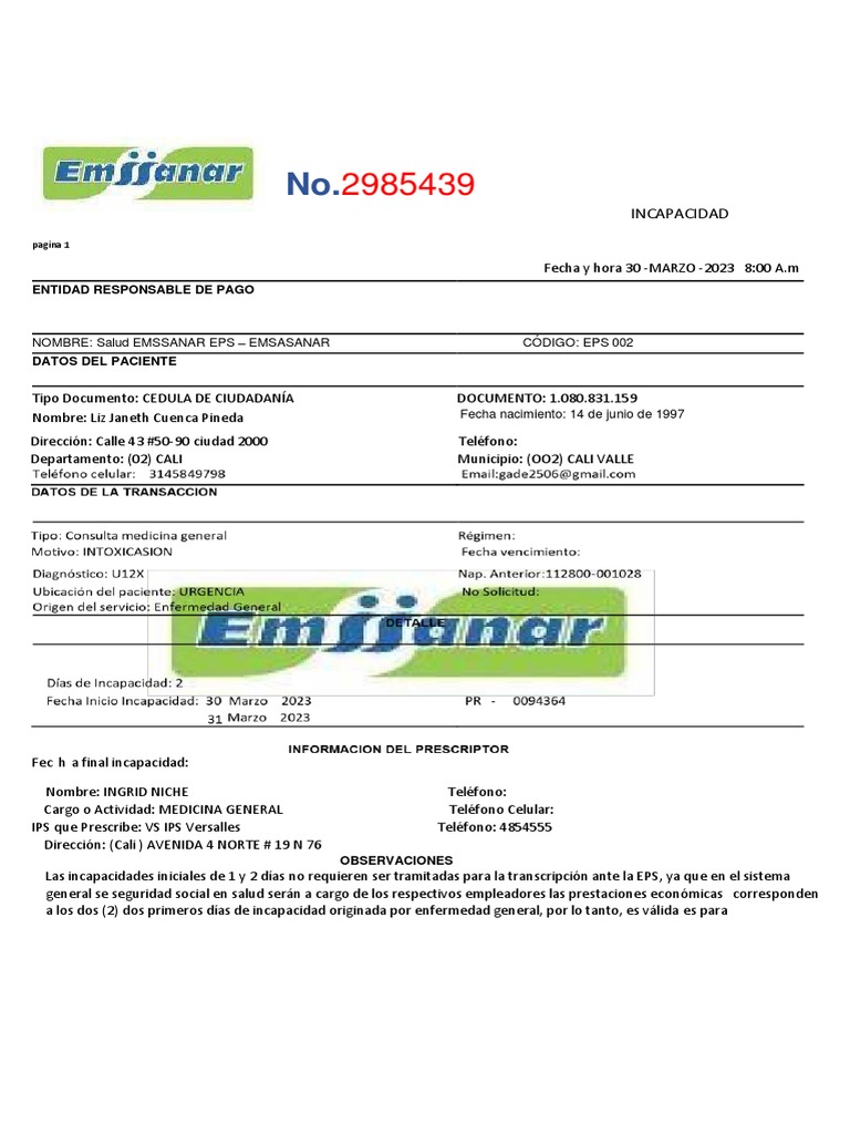 Incapacidad Médica y EMSSANAR Cali | PDF | Cuidado de la salud
