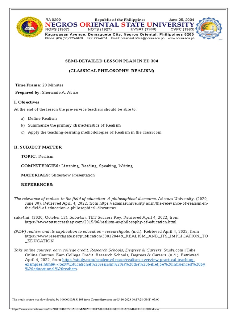Realism Semi Detailed Lesson Plan Abalo Ed304c | PDF