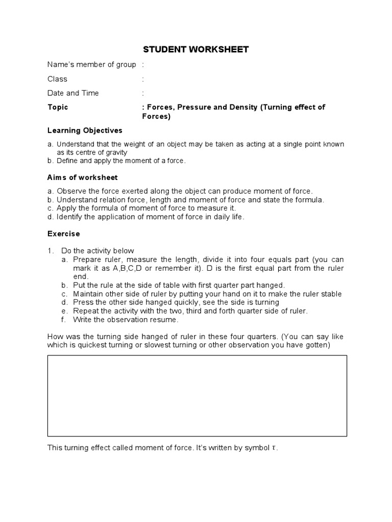 Student Worksheet X 090123 Pdf Torque Force