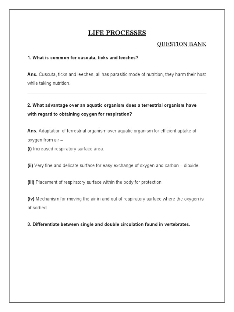 LIFE PROCESSES - Question Bank | PDF | Blood | Digestion