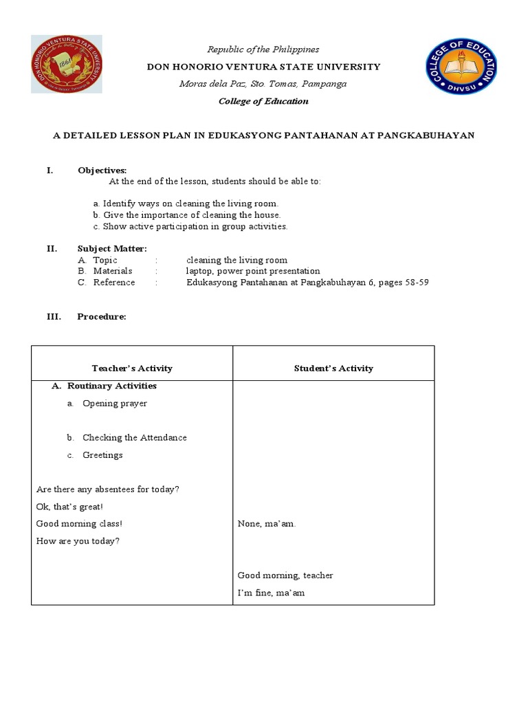 6130cab76534c Detailed Lesson Plan Epp | Download Free PDF | Housekeeping