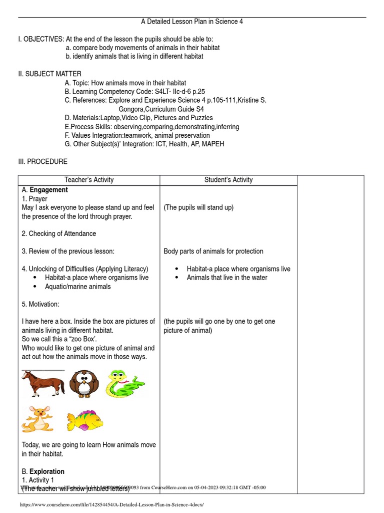 Grade 4 Science Lesson Plan: Animal Movement | PDF | Lesson Plan | Teachers