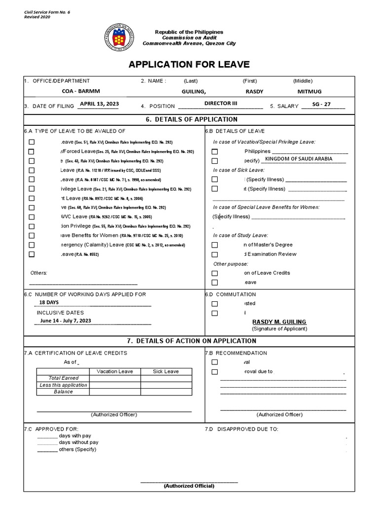 Application For Leave Cs Form No 6 Revised 2020 Pdf