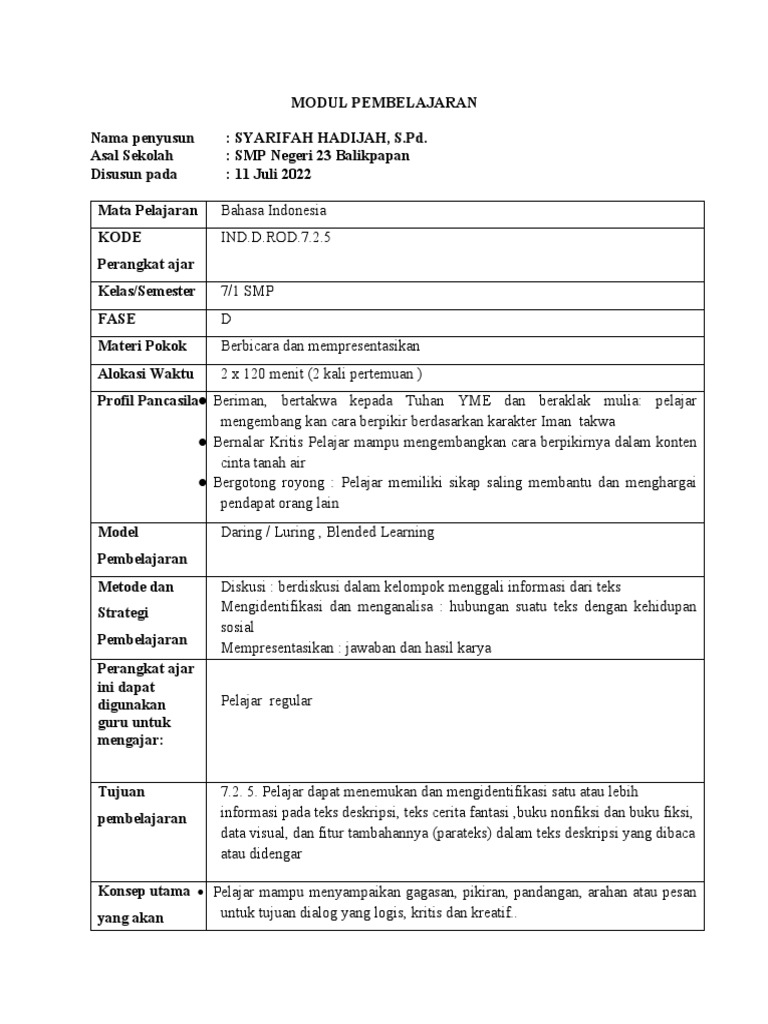 MODUL BINDO KELAS VII MATERI Berbicara Dan Mempresentasikan | PDF