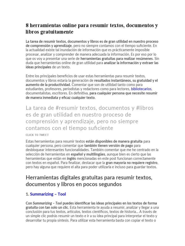 Ocho herramientas digitales gratuitas y efectivas para resumir textos ...