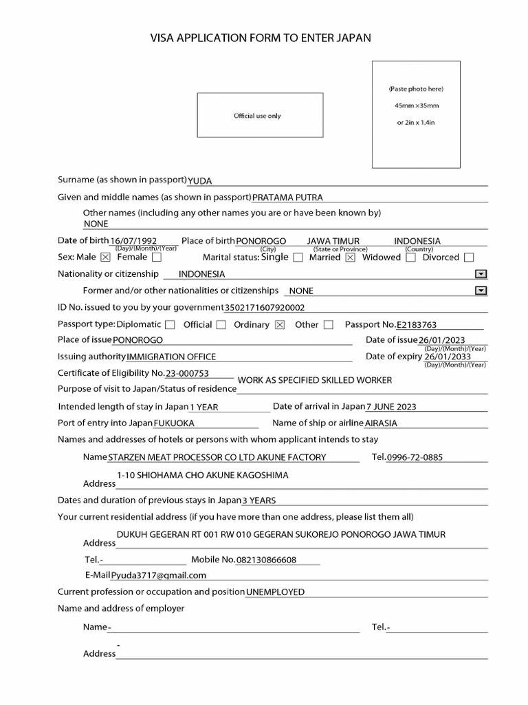 Form Visa Yuda Pratama 1 | PDF