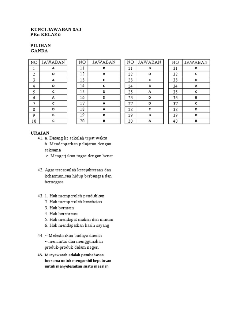 KUNCI JAWABAN SAJ PKN KELAS 6 | PDF