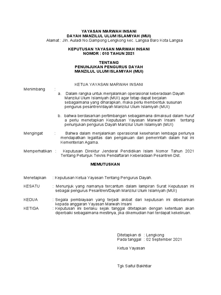 Contoh SK Dan Lampiran DAYAH MUI | PDF
