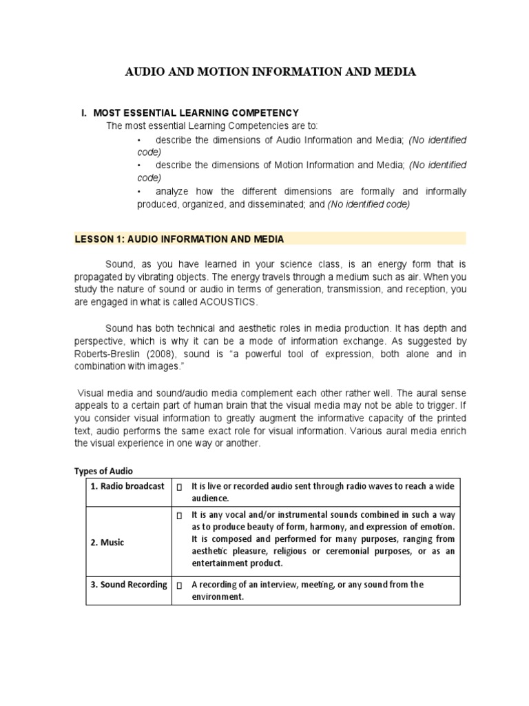 AUDIO AND MOTION INFORMATION AND MEDIA (Lesson) | PDF | Sound | Digital ...