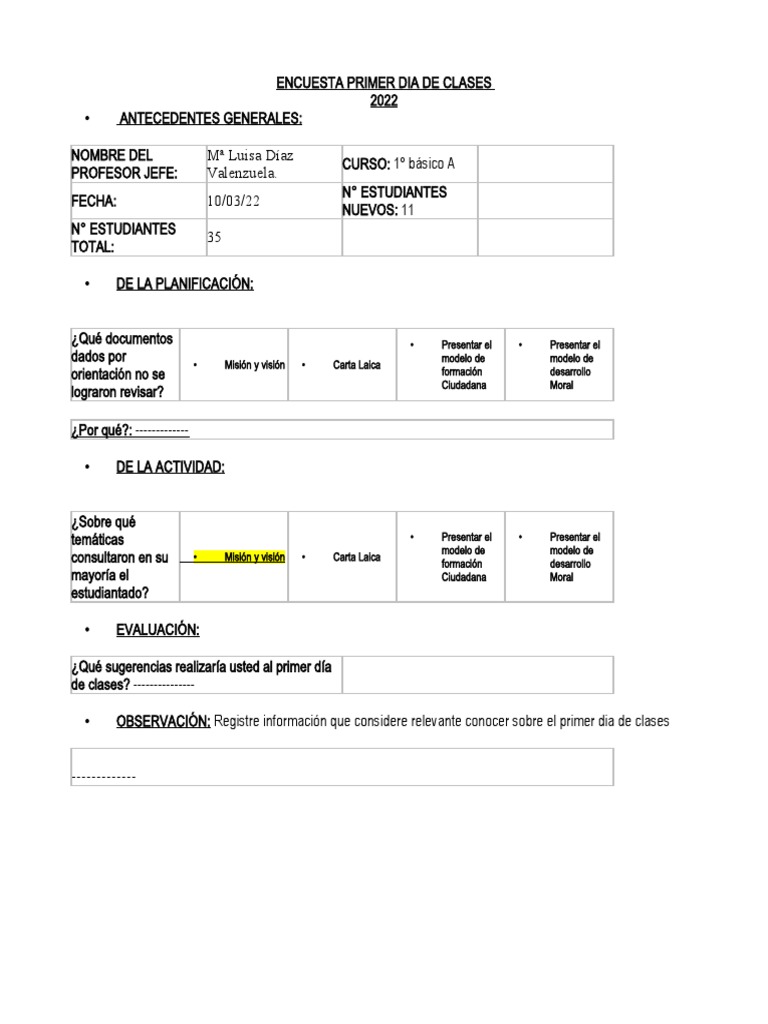Encuesta Primer Día de Clases 1º Básico | PDF