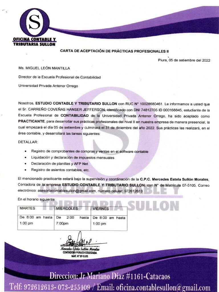 Carta de Aceptación de Practicas Profesionales. | PDF