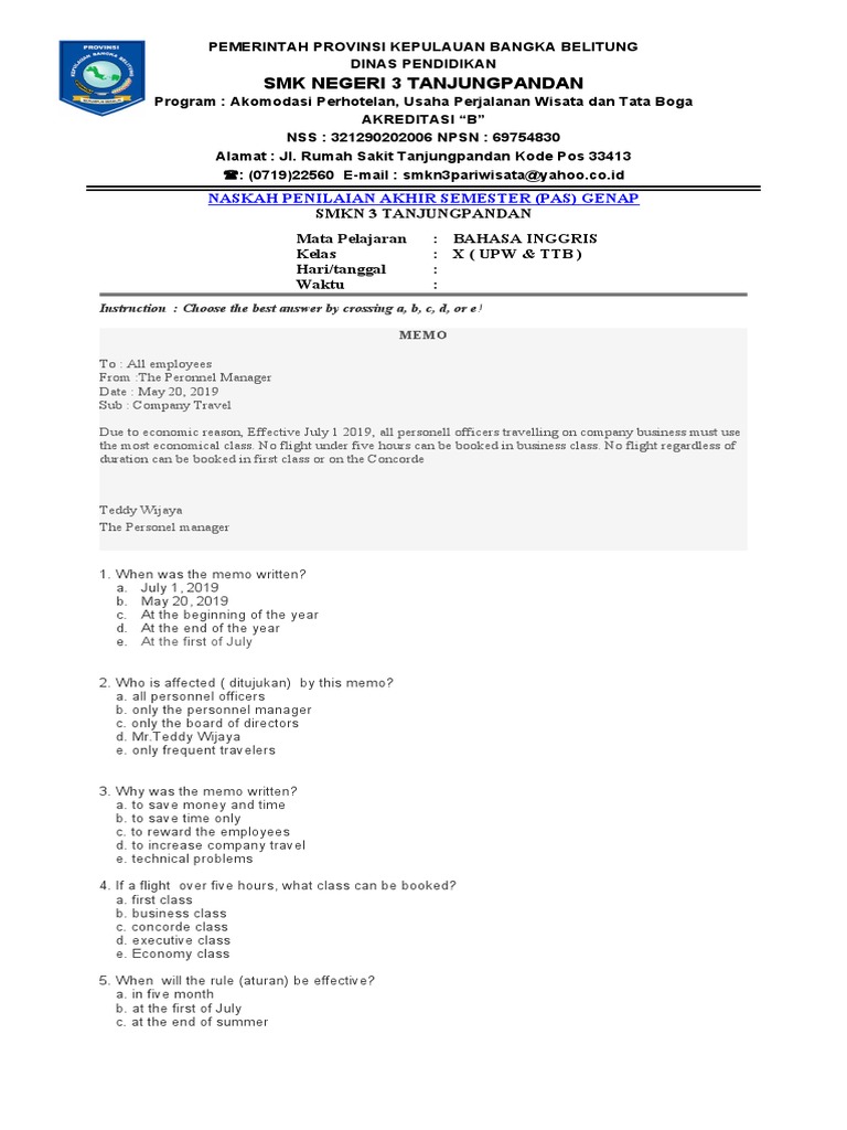 Soal B.Inggris Sem Genap 2019.2020 | PDF | Indonesia | Indonesian People