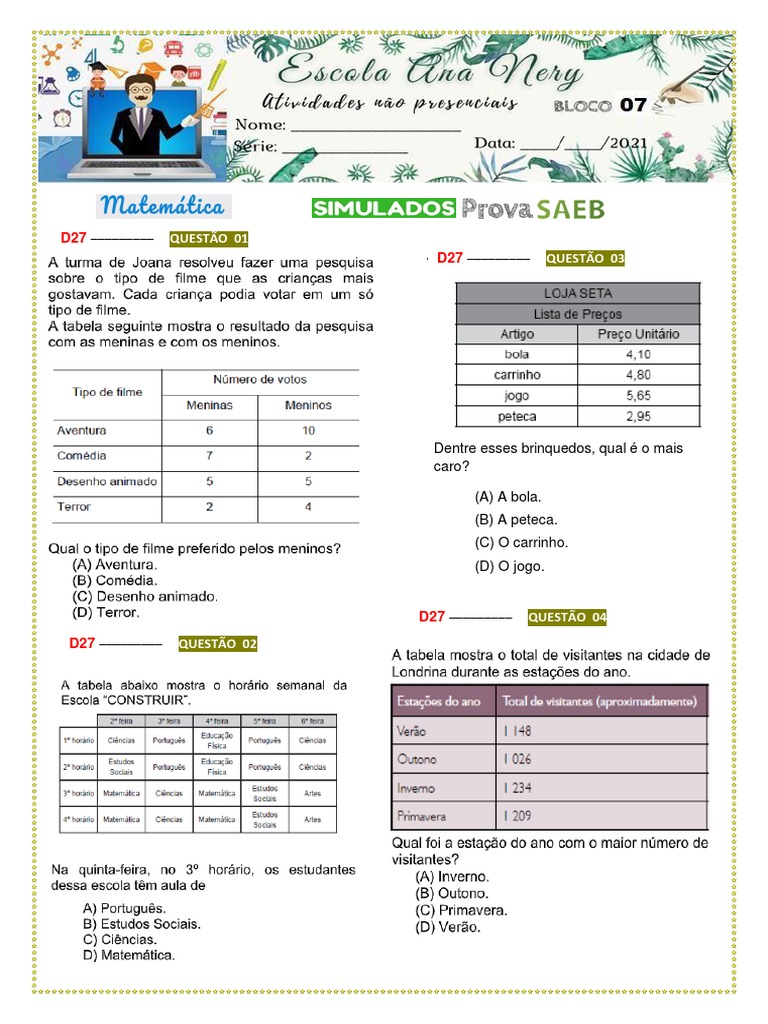 Prova Saeb 5 Ano Sexta-Feira D27 | PDF