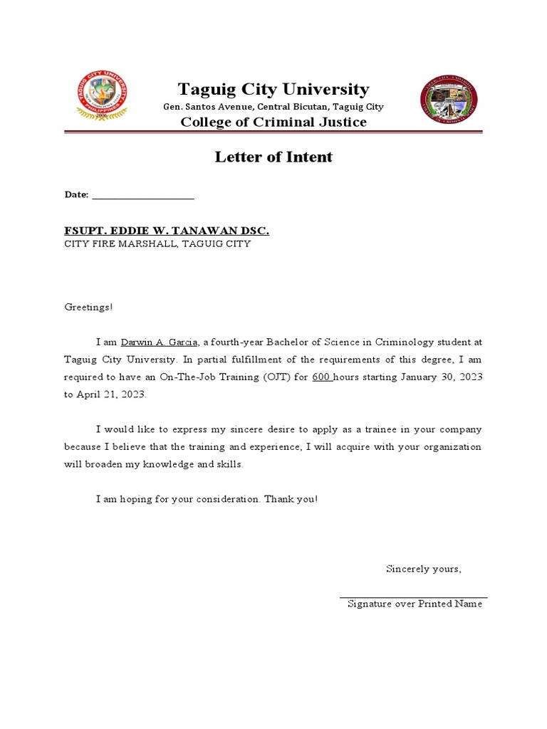 Letter of Intent DARWIN GARCIA | PDF