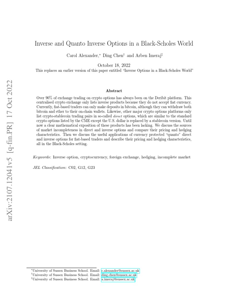 Inverse and Quanto Inverse Options in A Black-Scholes World | PDF ...