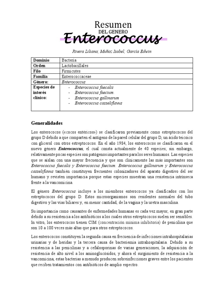 Resumen Familia Enterococcus | PDF | Resistencia antimicrobiana | Estreptococo