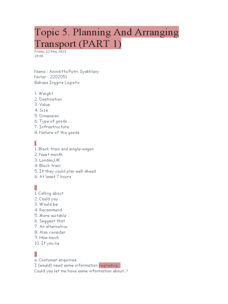 Topic 5. Planning and Arranging Transport (PART 1) | PDF | Gallon | Ounce