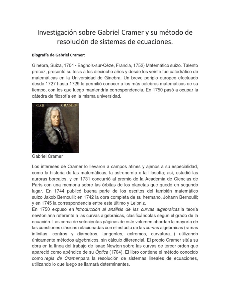 Investigación Sobre Gabriel Cramer y Su Método de Resolución de Sistemas de Ecuaciones | PDF ...